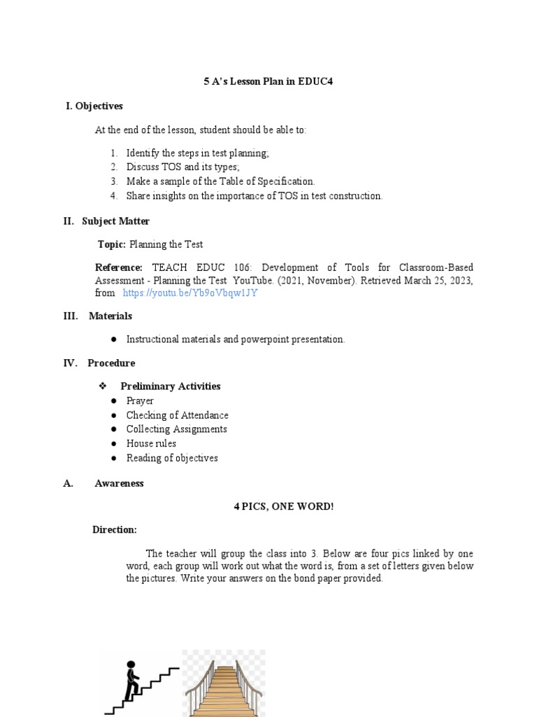 5 A's Lesson Plan in EDUC4 | PDF | Learning | Teachers