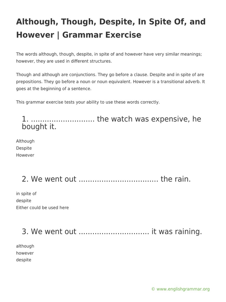 Although, Though, Despite, in Spite Of, and However - Grammar Exercise ...