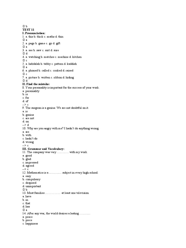 Pronunciation and Grammar Test Answers | PDF