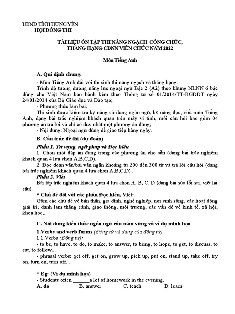 - Tai lieu ôn tập thi nâng ngạch SNV 2022-Môn Tiếng Anh A2 PB1 | PDF