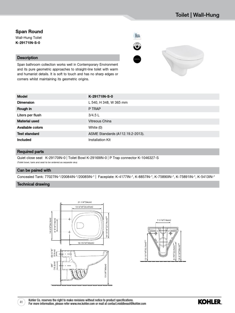 K-29171IN-S-0 Wall Hung Spec Sheet | PDF | Toilet | Manufactured Goods