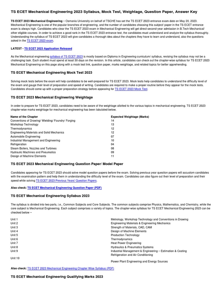 TS ECET 2023 Mechanical Engineering Guide | PDF | Mechanical Engineering | Engineering