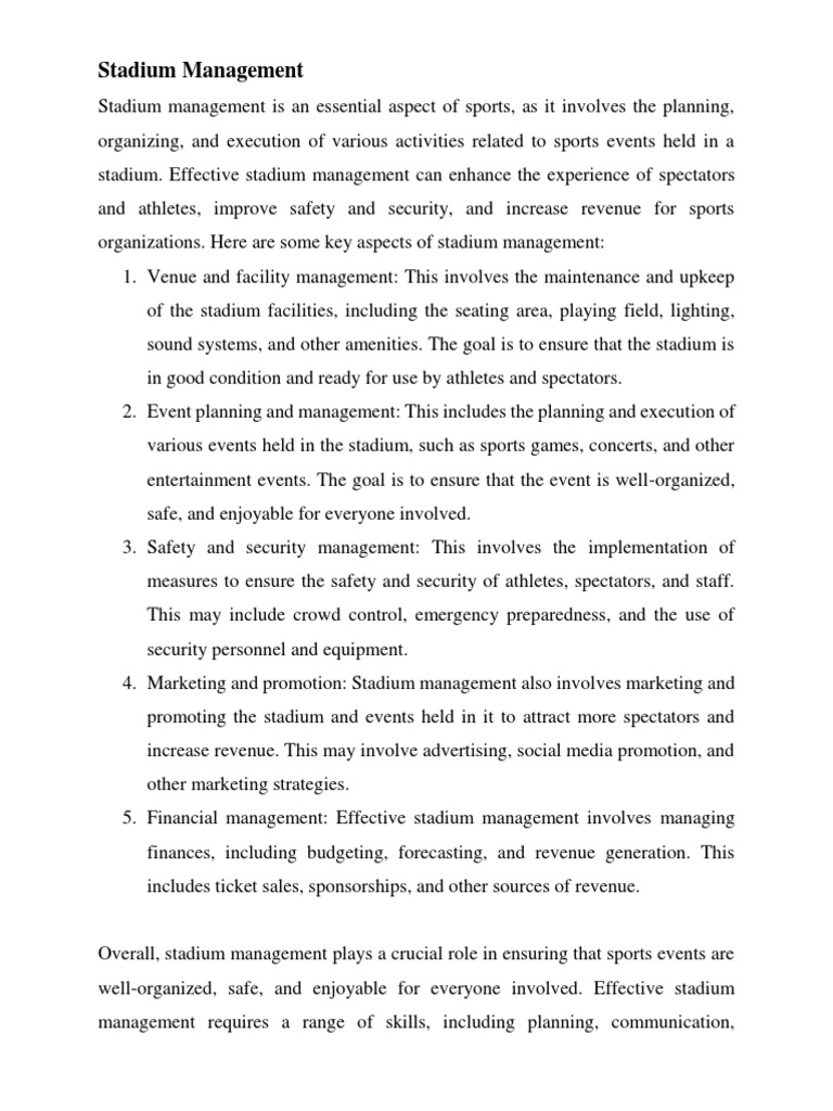 Module III Unit 1 Stadium Management | PDF | Stadium | Sports