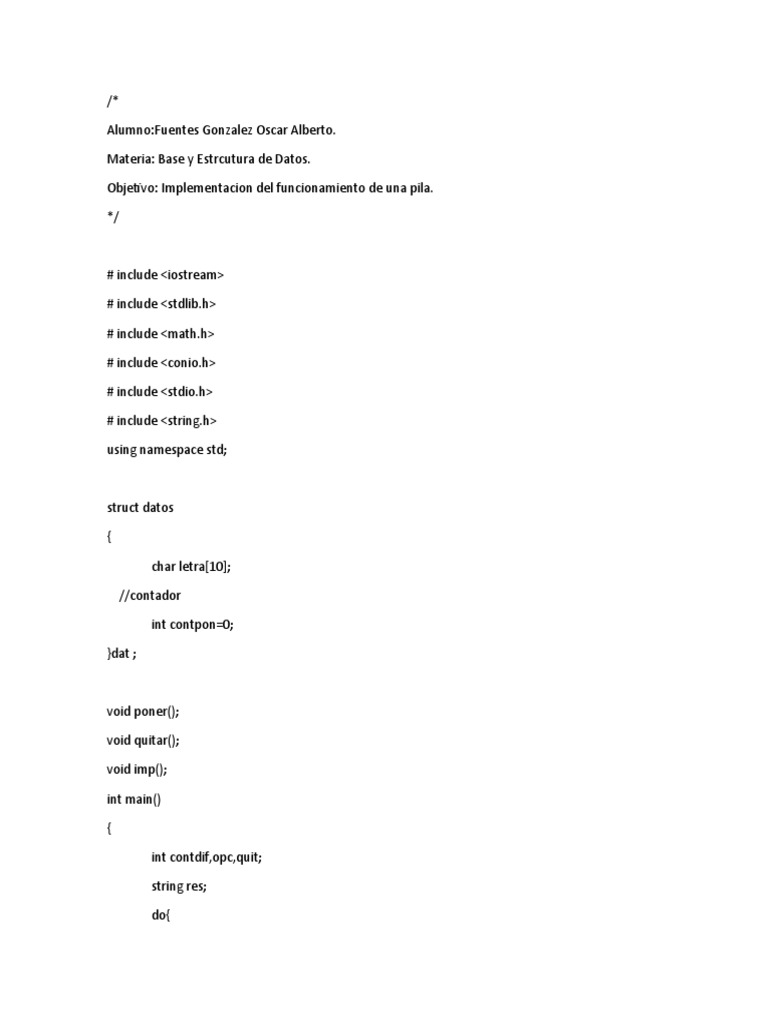 Implementación de una pila mediante estructuras de datos en C++ | PDF ...