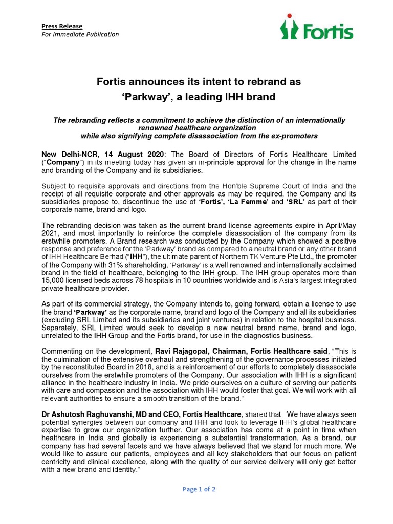 Rebranding Press Release - Fortis-Brand - PR | PDF | Health Care | Brand