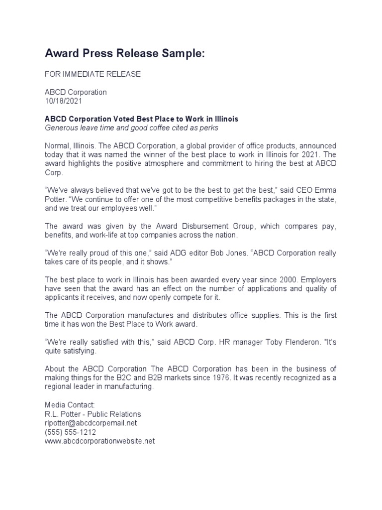 Award Press Release Sample | PDF