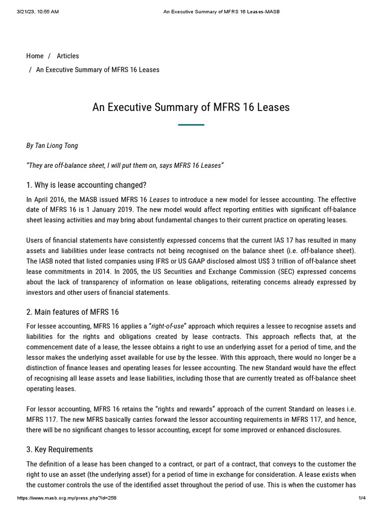 An Executive Summary of MFRS 16 Leases-MASB | PDF | International Financial Reporting Standards ...