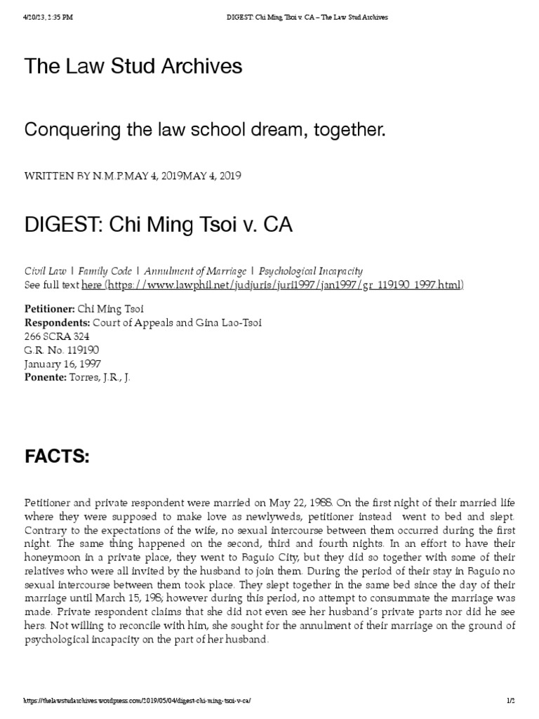 Tsi Ming Tsoi Vs CA | PDF | Marriage | Marriage, Unions And Partnerships