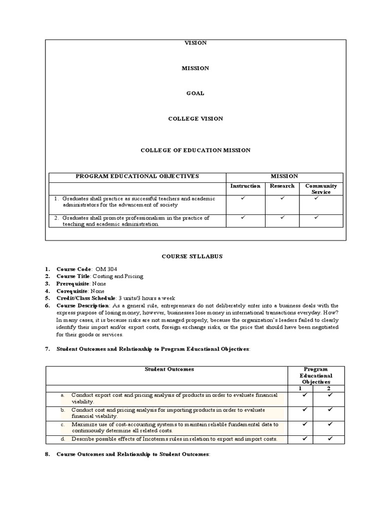 OBE Syllabus Pricing and Costing San Francisco College | PDF | Pricing ...