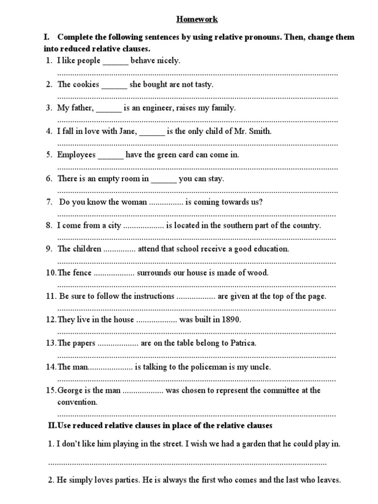 Homework I. Complete The Following Sentences by Using Relative Pronouns ...