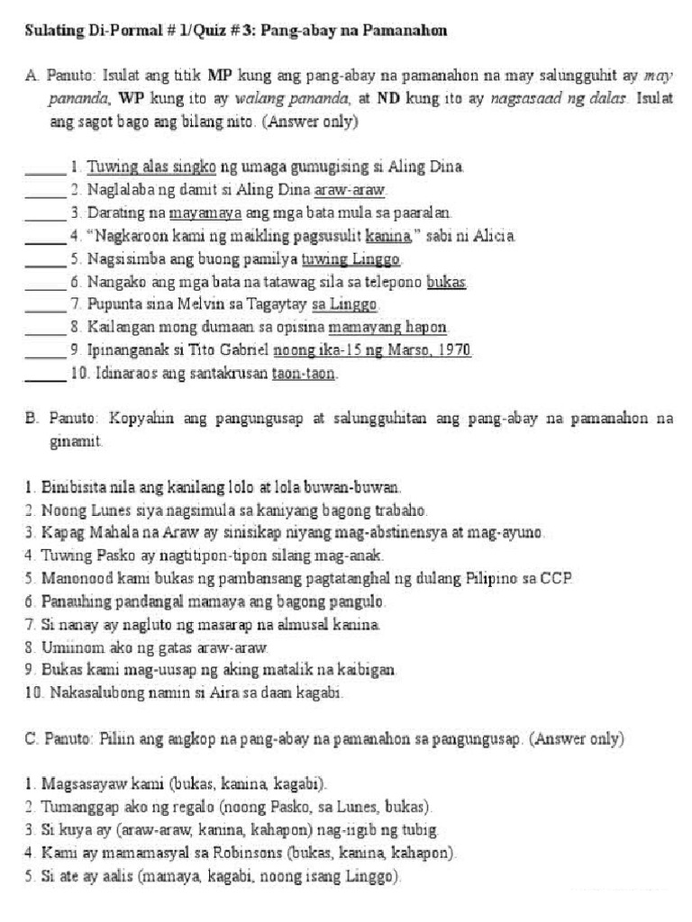 Quiz - Pang-Abay Na Pamanahon | PDF