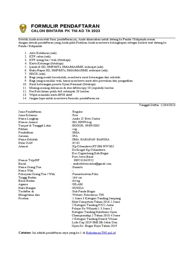 Formulir Pendaftaran: Calon Bintara PK Tni Ad Ta 2023 | PDF