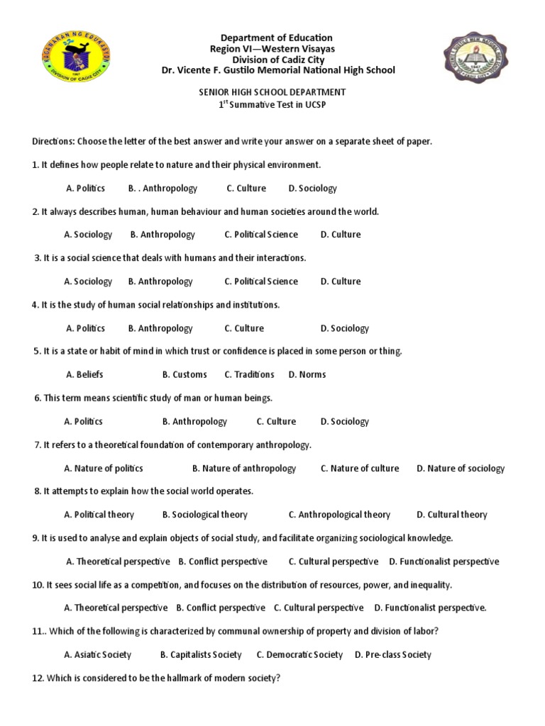 Senior High UCSP Exam Guide | PDF | Sociology | Society