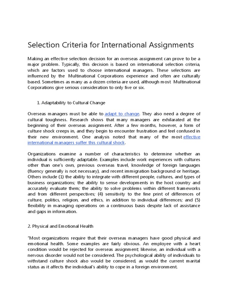Selection Criteria For Overseas Assignments | PDF | Experience | Leadership