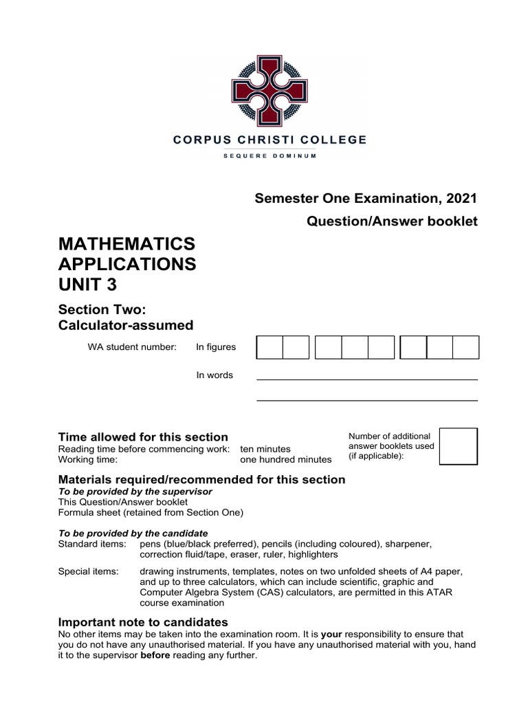 Mathematics Applications Unit 3: Semester One Examination, 2021 ...