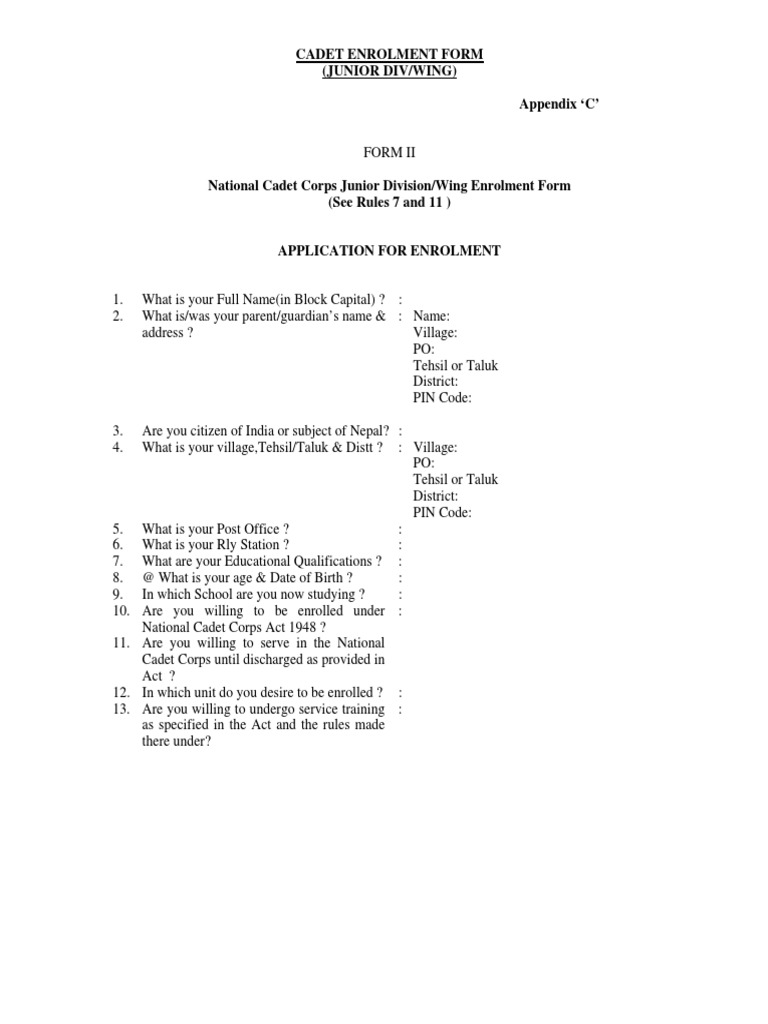 Cadet Enrolment Form (Junior Div/Wing) Appendix C' | PDF | Cadet ...