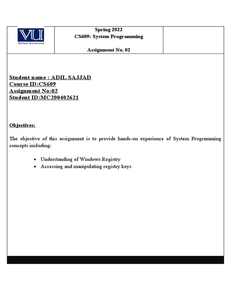 Spring 2022 - CS609 - 2 - MC200402621 | PDF | Windows Registry | Software