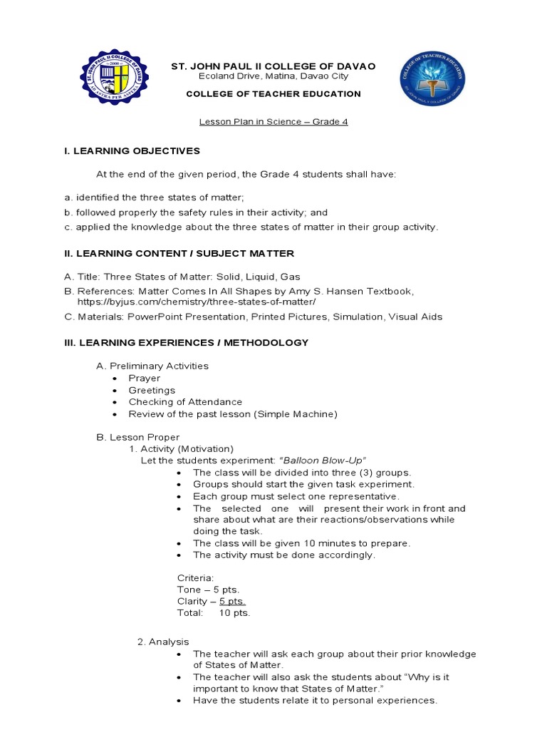 Lesson Plan in Science Grade 4 | PDF | Gases | Liquids