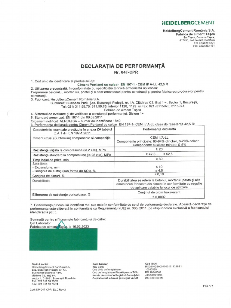 Ciment Declaratie Performanta | PDF