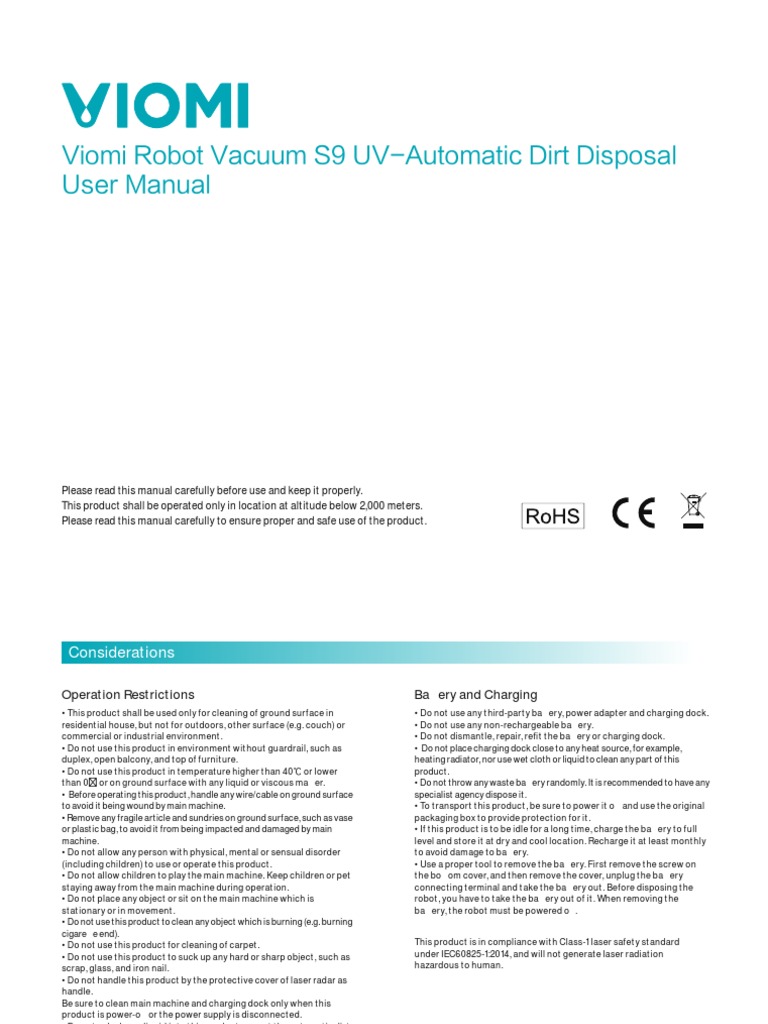 Viomi Robot Vacuum S9 UV-Automatic Dirt Disposal User Manual | PDF | Wi ...