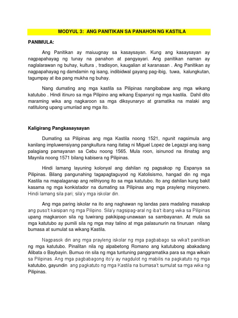 Modyul 3: Ang Panitikan Sa Panahon NG Kastila Panimula | PDF