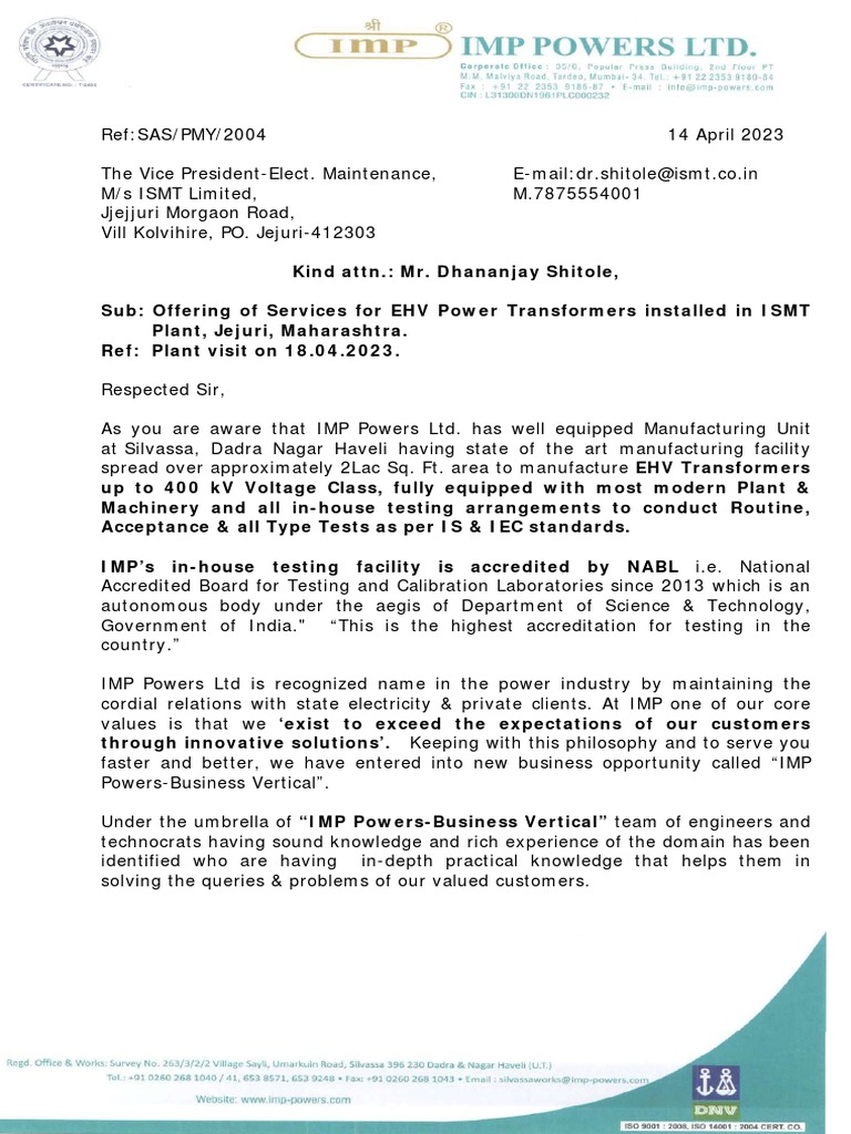 IMP Introduction Letter - Compressed | PDF | Transformer | High Voltage