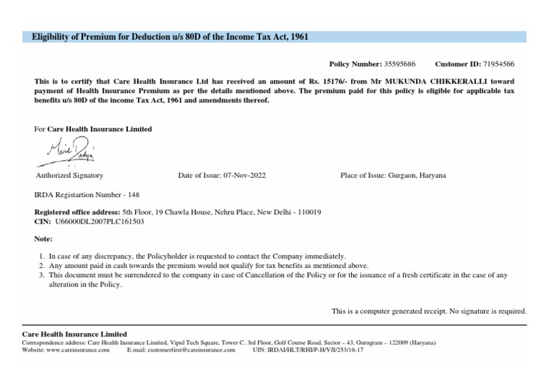 80D Deduction Eligibility Certificate | PDF | Finance & Money Management