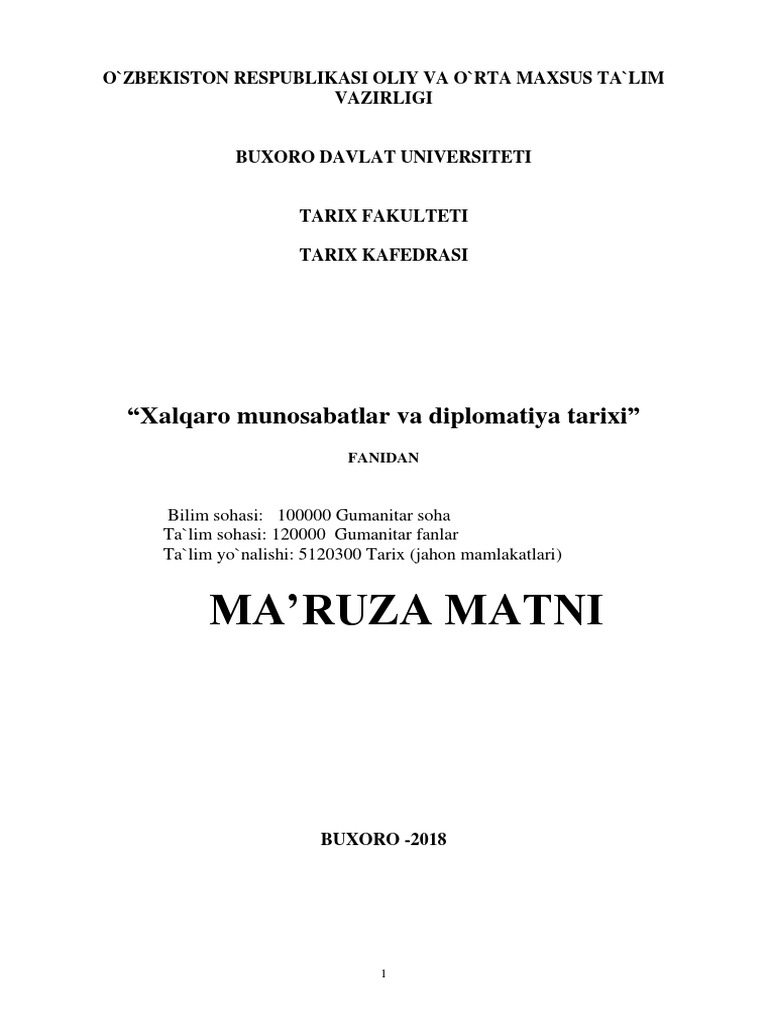 Ma'Ruza Matni: "Xalqaro Munosabatlar Va Diplomatiya Tarixi" | PDF