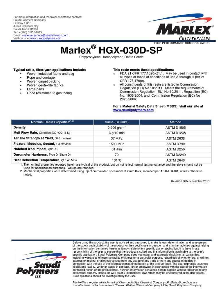 Marlex - HGX-030-SP Tech Spec | PDF | Implied Warranty | Materials Science