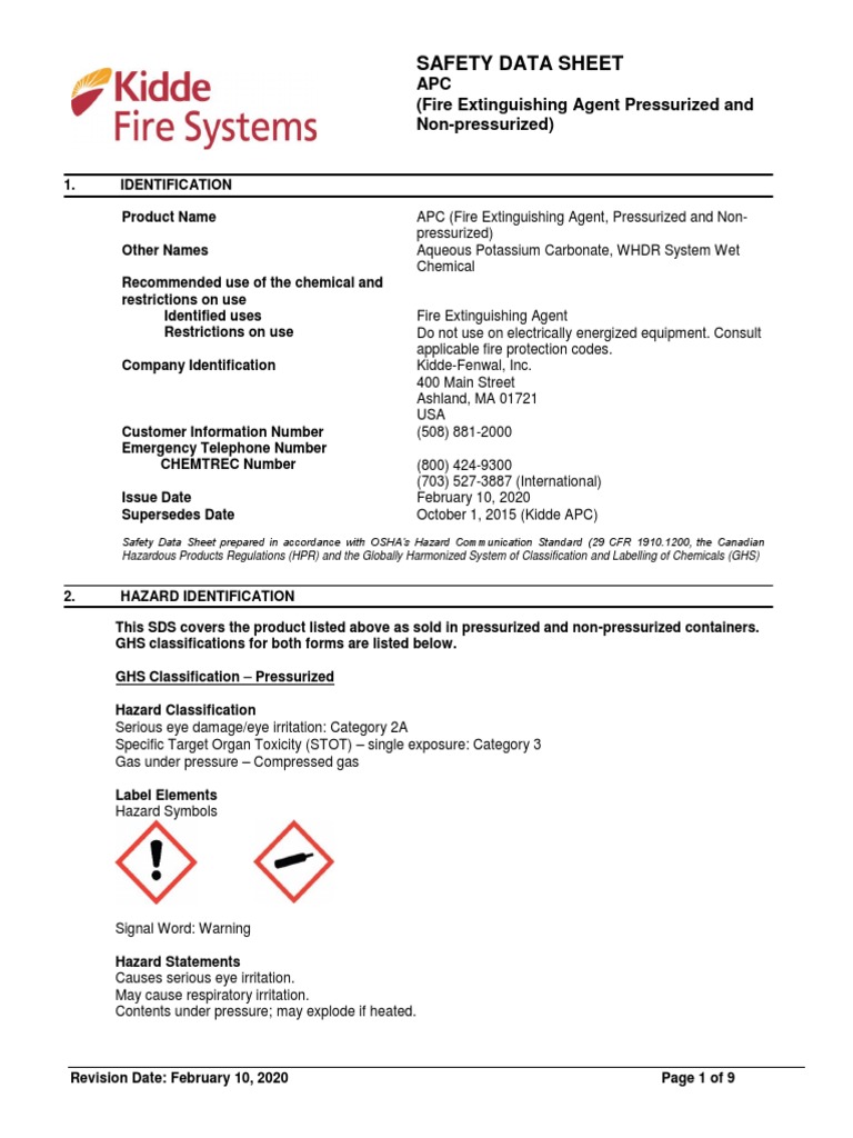 Kidde Fire Systems APC Wet Chemical Safety Data Sheet 10-Feb-2020 ... Kidde Fire Systems APC Wet Chemical Safety Data Sheet 10-Feb-2020 ...