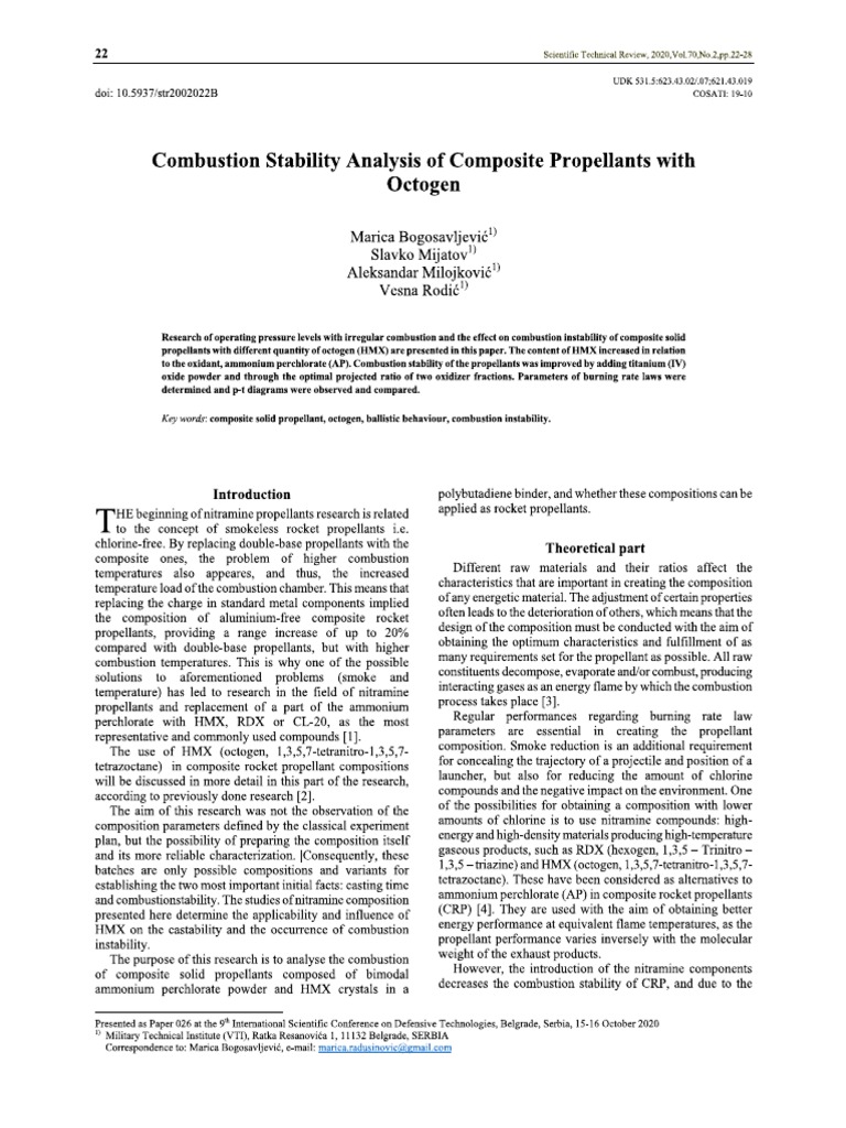 Combustion Stability Analysis of Composite Propellants With Octogen | PDF