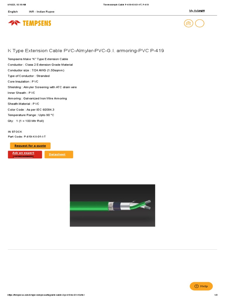 K Type Extension Cable PVC-Almyler-PVC-G.I. armoring-PVC P-419 | PDF ...
