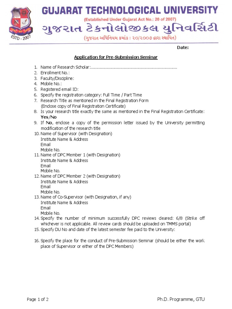 Pre-Submission Seminar Application Form | PDF