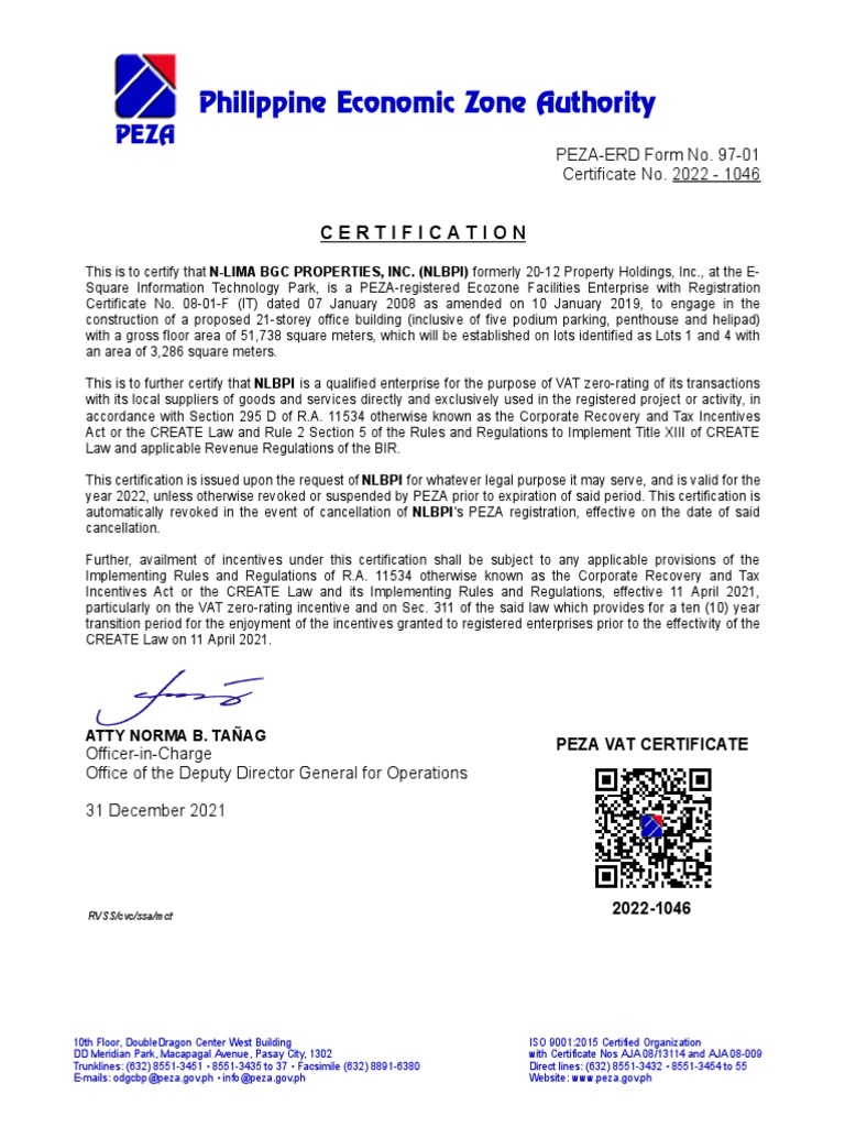 PEZA Certification for N-LIMA BGC Properties | PDF | Value Added Tax ...