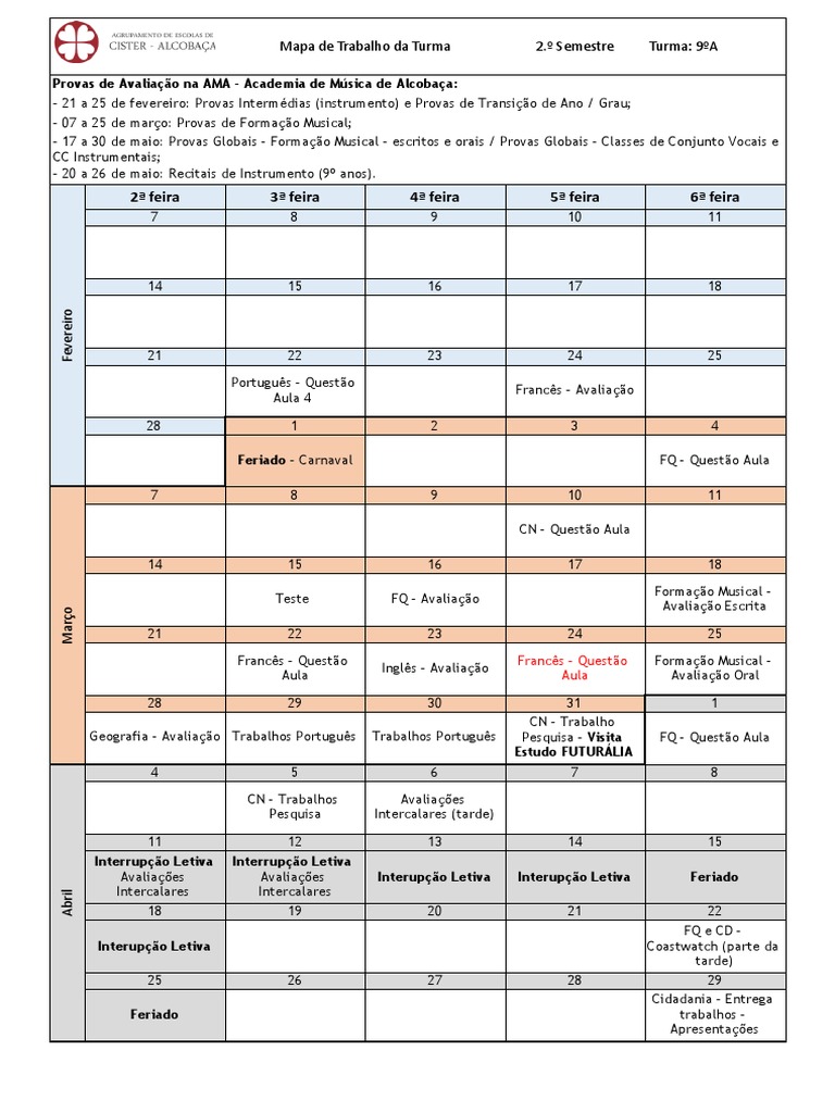 2 Feira 3 Feira 4 Feira 5 Feira 6 Feira: Mapa de Trabalho Da Turma 2.º Semestre Turma: 9ºA | PDF