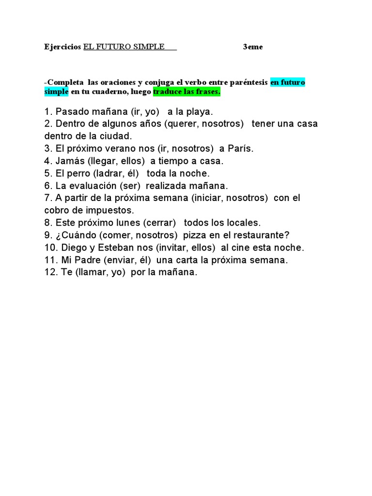 Ejercicios EL FUTURO SIMPLE 3eme | PDF | Estudios de idiomas ...