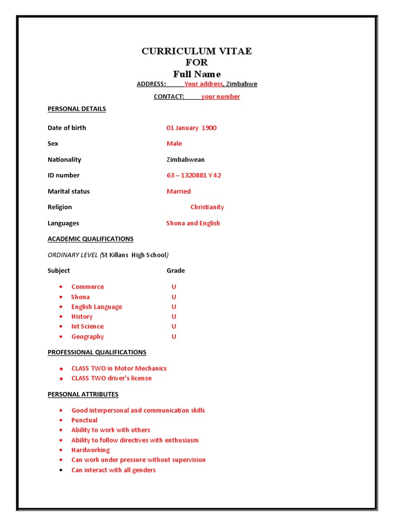 Zimbabwe CV Format and Example | PDF