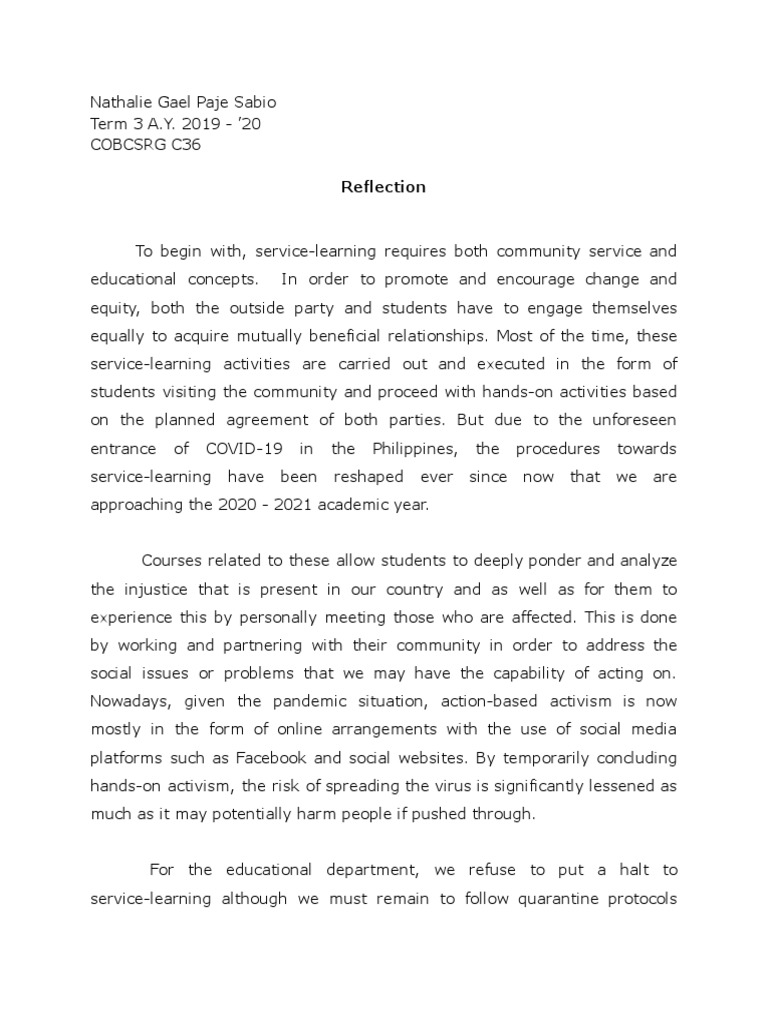COBCSRG Reflection Paper | PDF | Service Learning | Communication