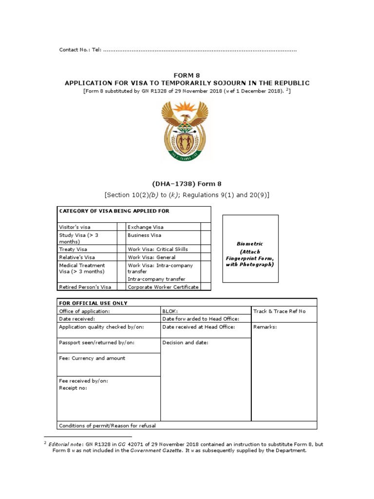 Visa Application Form 8 for South Africa | PDF | Travel Visa | Employment