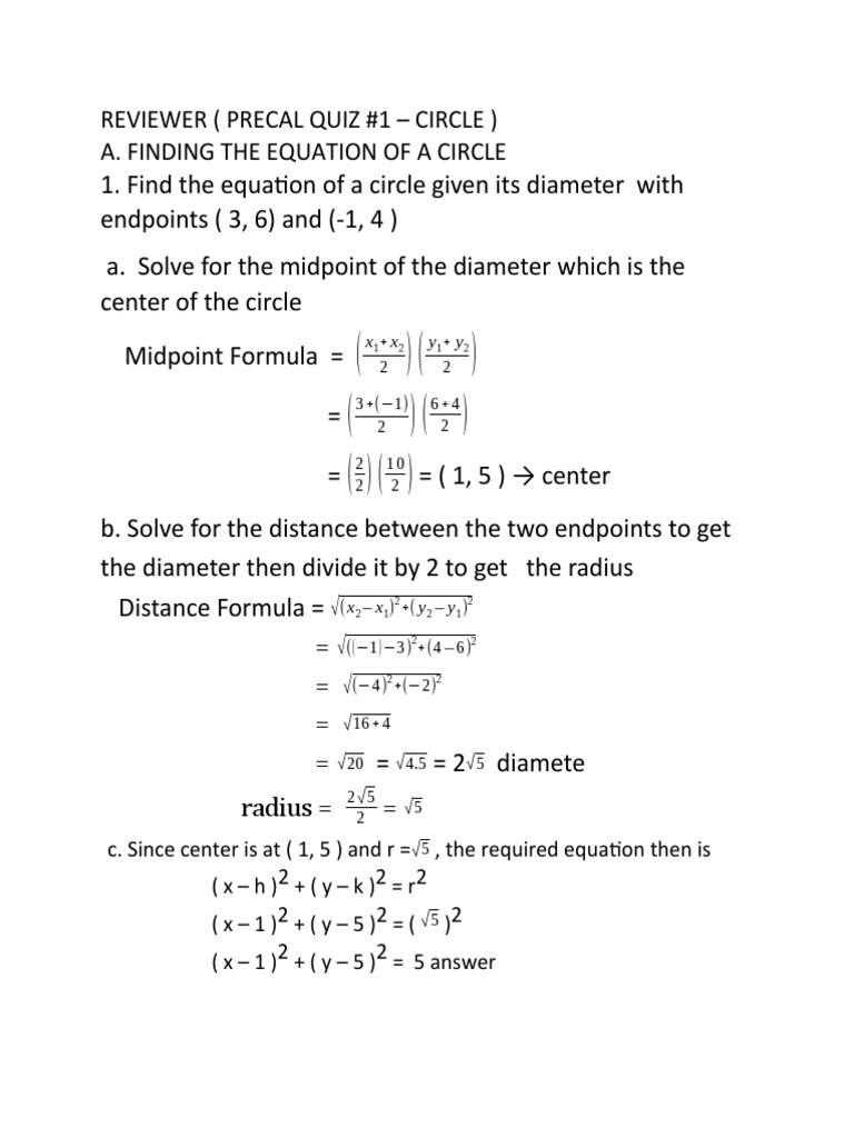 REVIEWER-In-PRECALCULUS-CIRCLE- | PDF | Circle | Equations
