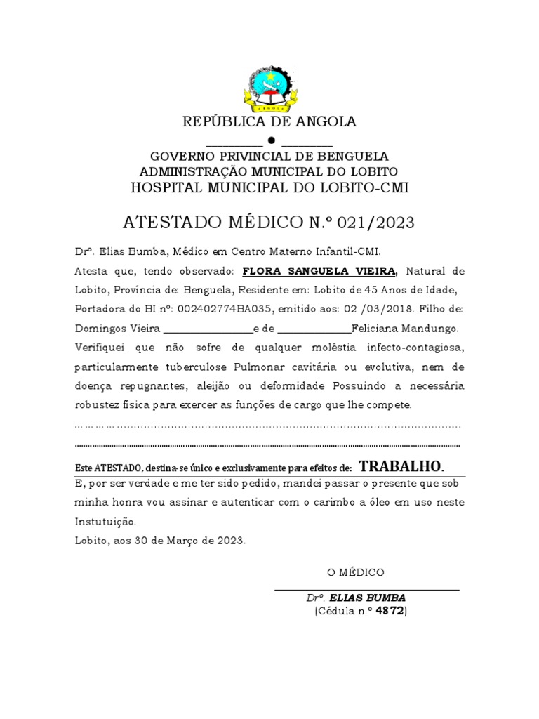Atestado Médico: República de Angola | PDF