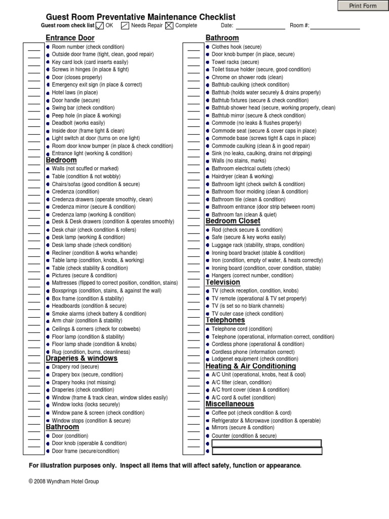 Guest Room Checklist Preventative Maintenance | PDF | Bathroom | Door