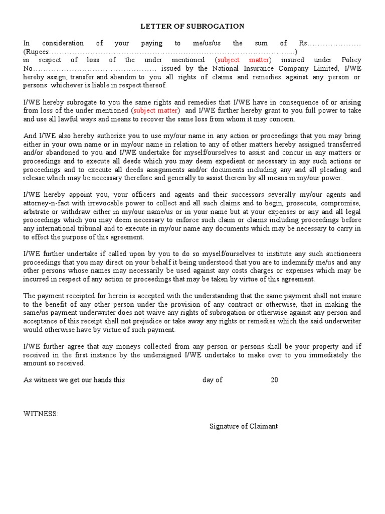 Letter of Subrogation Agreement | PDF | Subrogation | Civil Law (Legal ...
