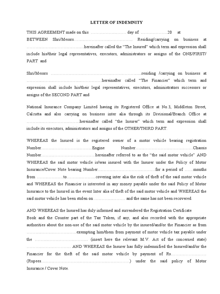 03 Letter of Indemnity | PDF | Vehicle Insurance | Insurance