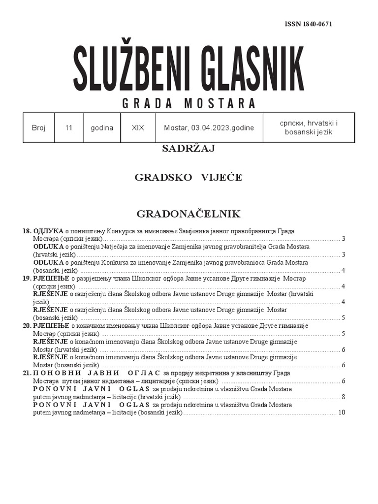Službeni Glasnik Grada Mostara Broj 11-2023 | PDF