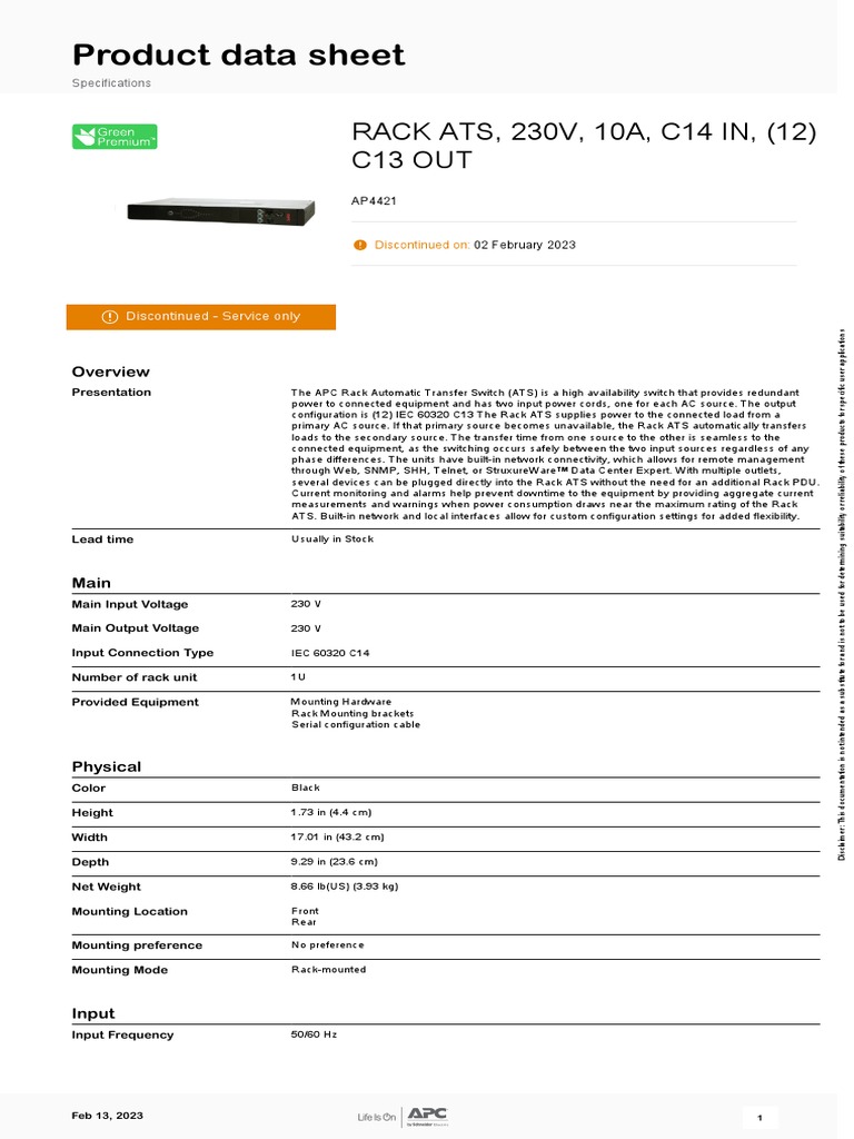 Product Data Sheet: RACK ATS, 230V, 10A, C14 IN, (12) C13 Out | PDF