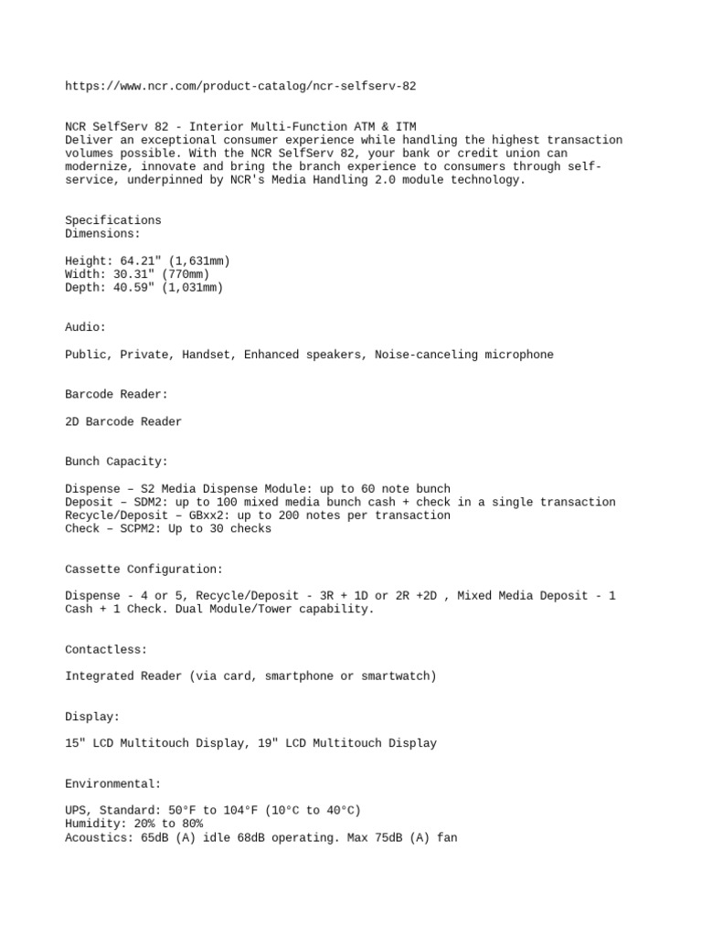 NCR 82 Spec | PDF | Automated Teller Machine | Solid State Drive