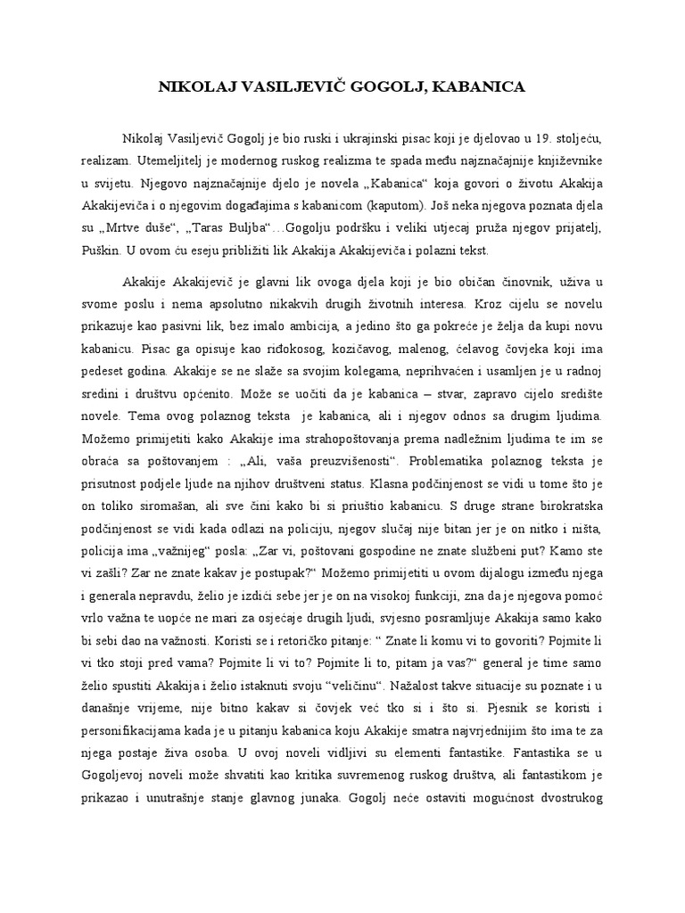 Nikolaj Vasiljevič Gogolj, Kabanica | PDF