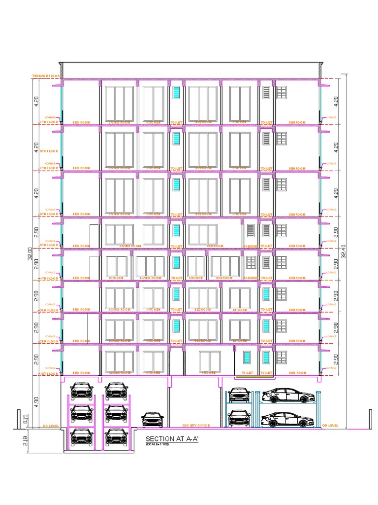 Floor plan layout and sectional view of an 8-story residential building ...