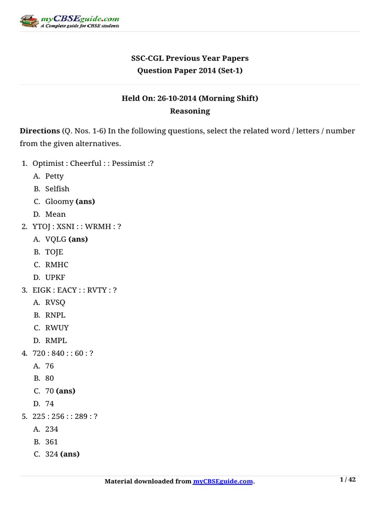 SSC-CGL 2014 Reasoning Question Paper | PDF | Circle | Triangle